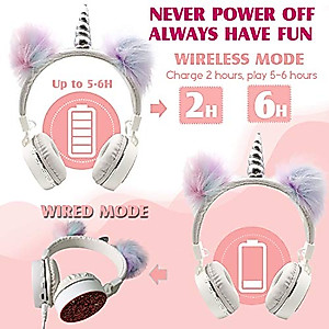 JINSERTA Bluetooth 5.0 Headphones with Fluffy Cat Ears for Kids, Kids Headband Earphone Foldable Headset Rechargeable Support TF Card, FM, Aux in (Black)