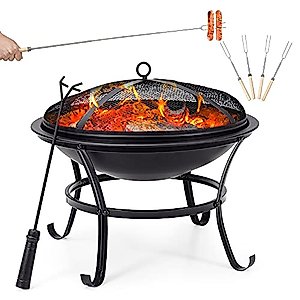Fire Pit w/BBQ Sticks Skewers, 22in Fire Pit Outdoor Patio Steel Fire Pit Bowl Wood Burning Firepit BBQ Grill for Camping Beach Bonfire Picnic Backyard Garden