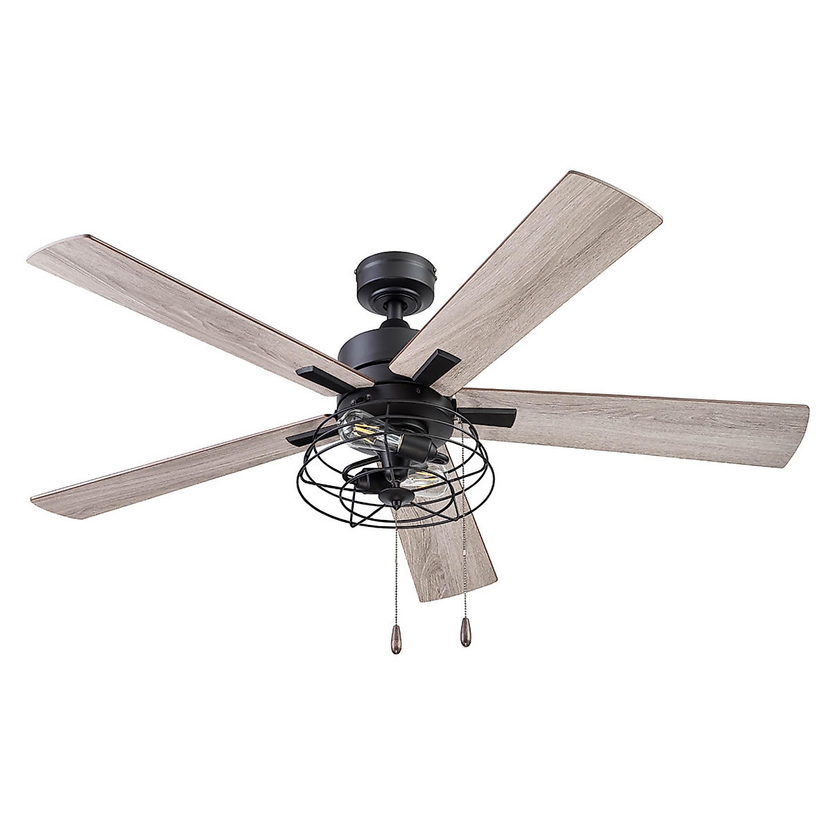 Prominence Home Marshall, 52 Inch Industrial Style LED Ceiling Fan with Light, Pull Chain, Three Mounting Options, Dual Finish Blades, Reversible Motor - Model 51457-01 (Matte Black)