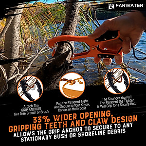 FARWATER Canoe Anchor Grip - Boat, Float Tube & Kayak Fishing Accessories, Kayaking Equipment - Brush Clamp Anchor with Teeth - Gripper with 15ft Paracord - Rubber Grips - Coated Steel - Matte Orange