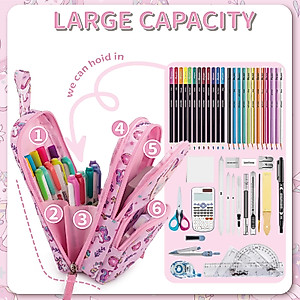 BERRYRIZZ Unicorn Large Capacity Pencil Case Pen Pouch Organizer Canvas Pencil Bag with Handle School Supplies for Teen Girls-Pink