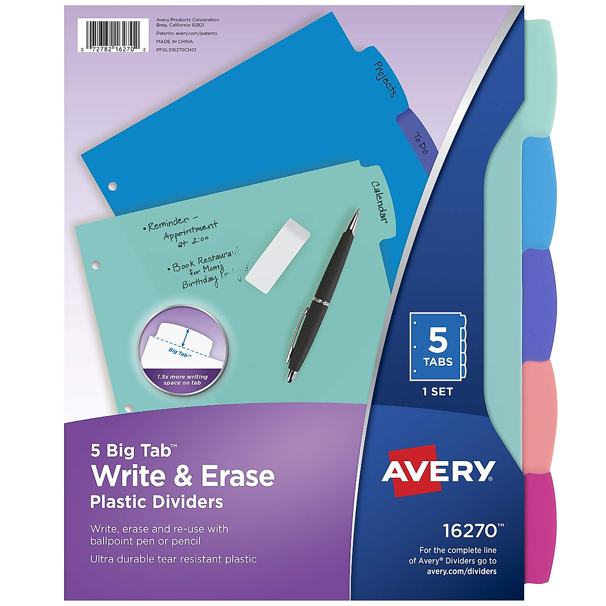 Avery Durable Plastic 5-Tab Write & Erase Big Tab Dividers for 3 Ring Binders, Pastel Brights (16270)