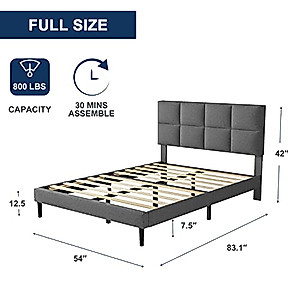 Molblly Full Size Bed Frame Upholstered Platform with Headboard, Strong Frame and Wooden Slats Support, Linen Fabric Wrap, Non-Slip and Noise-Free,No Box Spring, Easy Assembly, Dark Grey