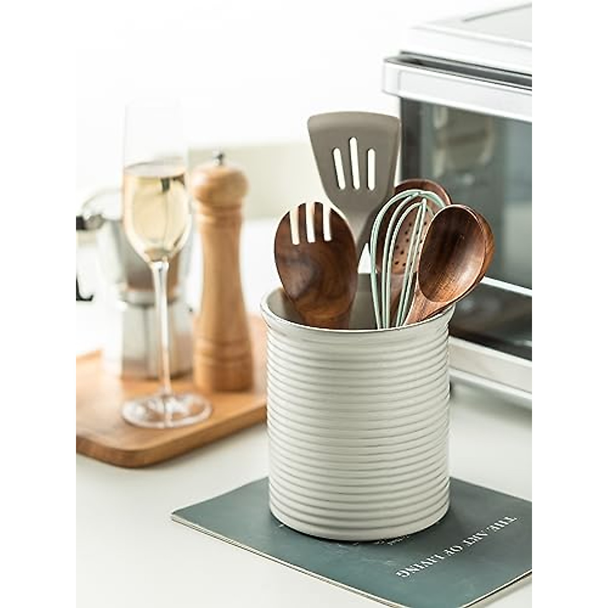 YHOSSEUN Cooking Utensil Holder, Ceramic Utensil Holder for Kitchen Counter, 6.8” Large Kitchen Utensil Holder Crock for Utensils, Farmhouse Utensil Organizer Storage Caddy