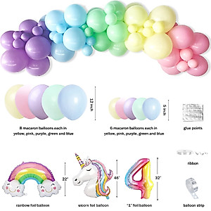 Unicorn 4th Birthday Party Decorations for Girls, Hombae 4th Birthday Party Supplies Kit, Rainbow Birthday Banner Balloons Garland, No.4 Foil Balloon, Macaron Tinsel Curtains