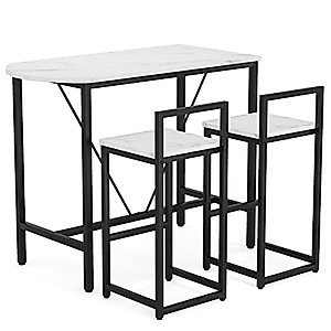 Tribesigns Bar Table and Chairs Set, 43.3" Pub Bar Dining Table and 2 Bar Stools, 3-Piece Wood Counter Height Breakfast Table Set with Metal Frame and Faux Marble Tabletop (White)