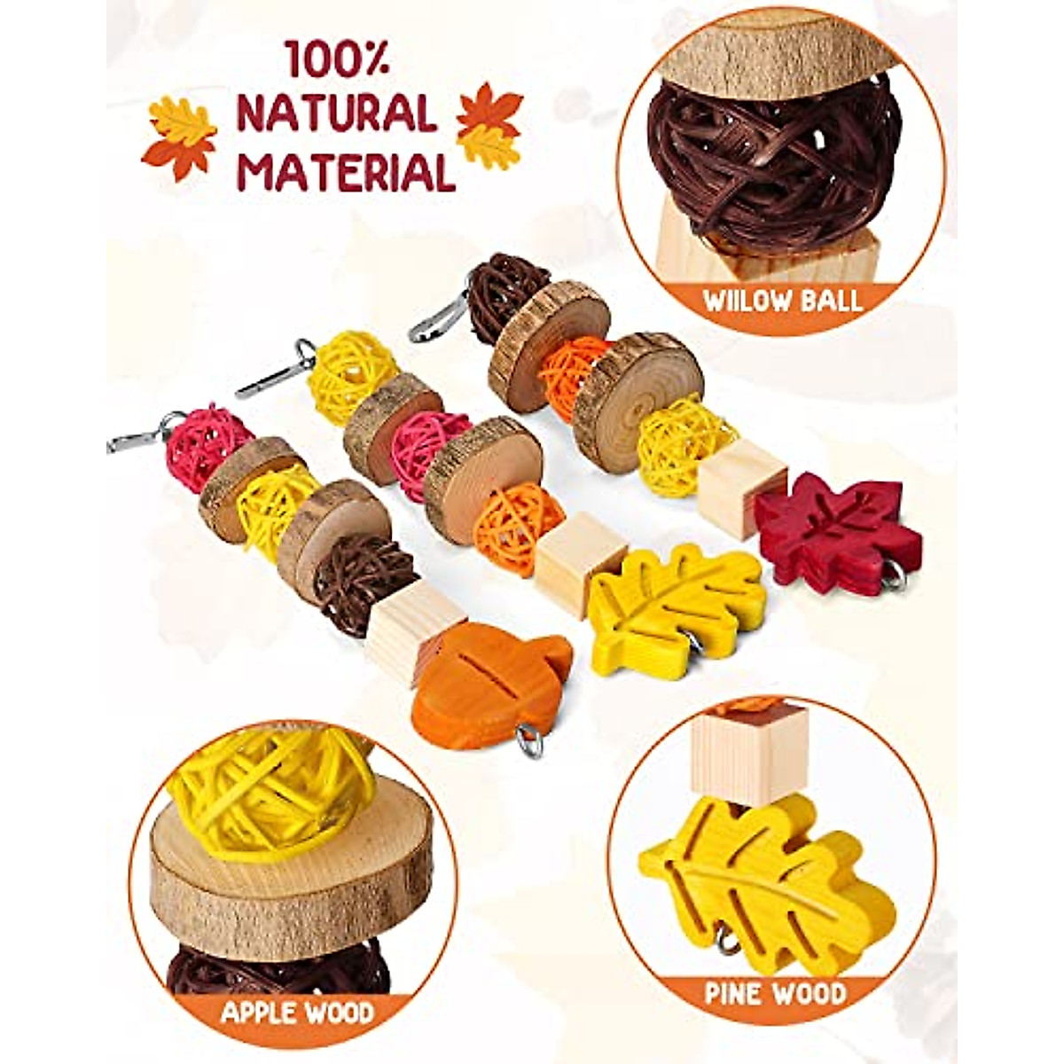 Xylolfsty Fall Themed Chew Toys for Rabbit Dwarf Hamster Bunny Guinea Pig Chinchilla Gerbil Pet Rat Small Animals Cage Hanging Teeth Grinding Accessories Autumn Thanksgiving Gifts 3PCS