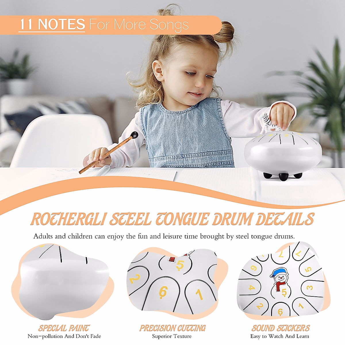 Steel Tongue Drum - 11 Note 6 Inch Tongue Drum Instrument - Hand Pan Drums with Music Book, Steel Handpan Drum Mallets and Carry Bag, C Major for Meditation or Yoga,Gift for Kid or Adults(White)