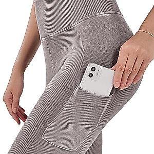 ODODOS Seamless Leggings for Women with Pockets High Waisted Acid Washed Ribbed Gym Workout Full Length Yoga Pants, Dusty Orchid, Medium