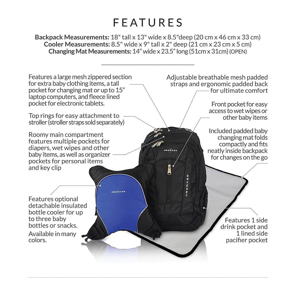 Obersee Bern Diaper Bag Backpack & Cooler, Black/Black