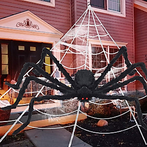 Halloween Decorations Outdoor, 200" Spider Web 60" Giant Spider with Extra Stretch Cobwebs and 10 Small Plastic Spiders, Halloween Outdoor Scary Decorations Yard Home Outside Parties House Décor