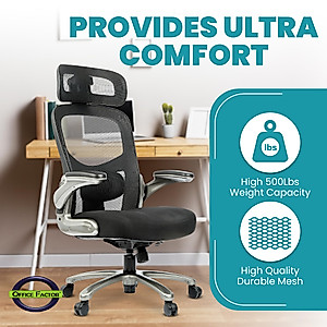 OFFICE FACTOR 500 Lbs Rated Ergonomic Big and Tall Office Chair Flip-Up arms, Mesh Office Chair, Swivel Office Chair with Anti Scratch Wheels, Mesh Executive Chair (Black with Headrest)