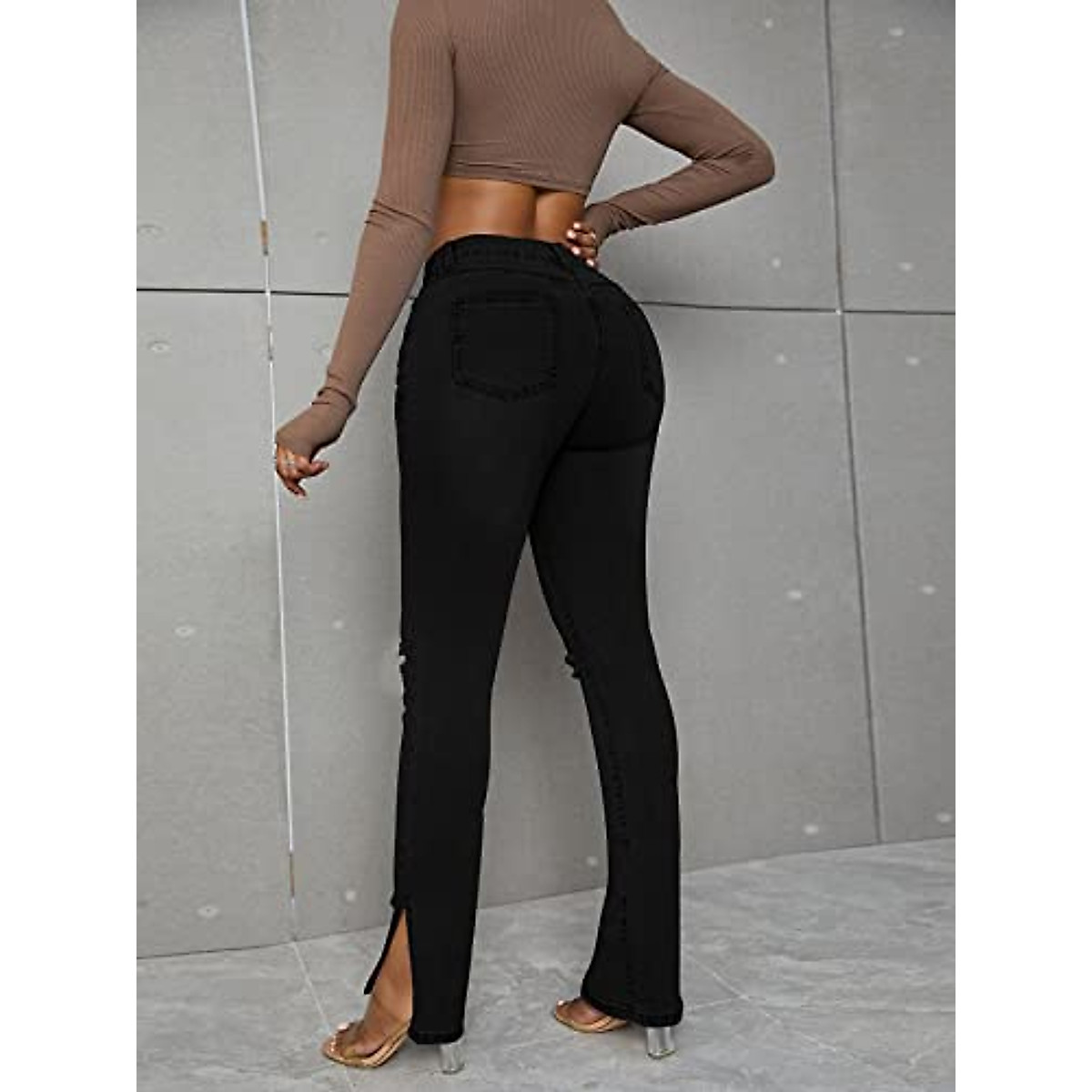 WDIRARA Women's Slit Hem High Waist Button Denim Zipper Fly Ripped Skinny Jeans Black L