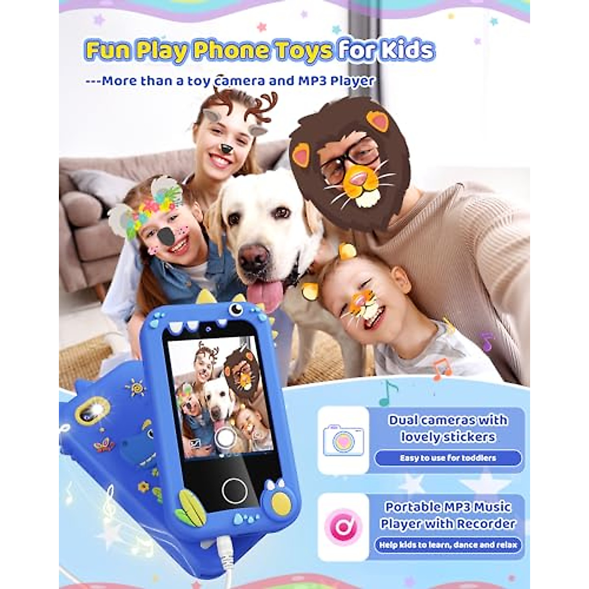 Kids Toy Smartphone, Gifts and Toys for Boys Ages 3-8 Years Old, Fake Play Toy Phone with Music Player Dual Camera Puzzle Games 8GB SD Card Touchscreen, Birthday, Kids Trip Activities