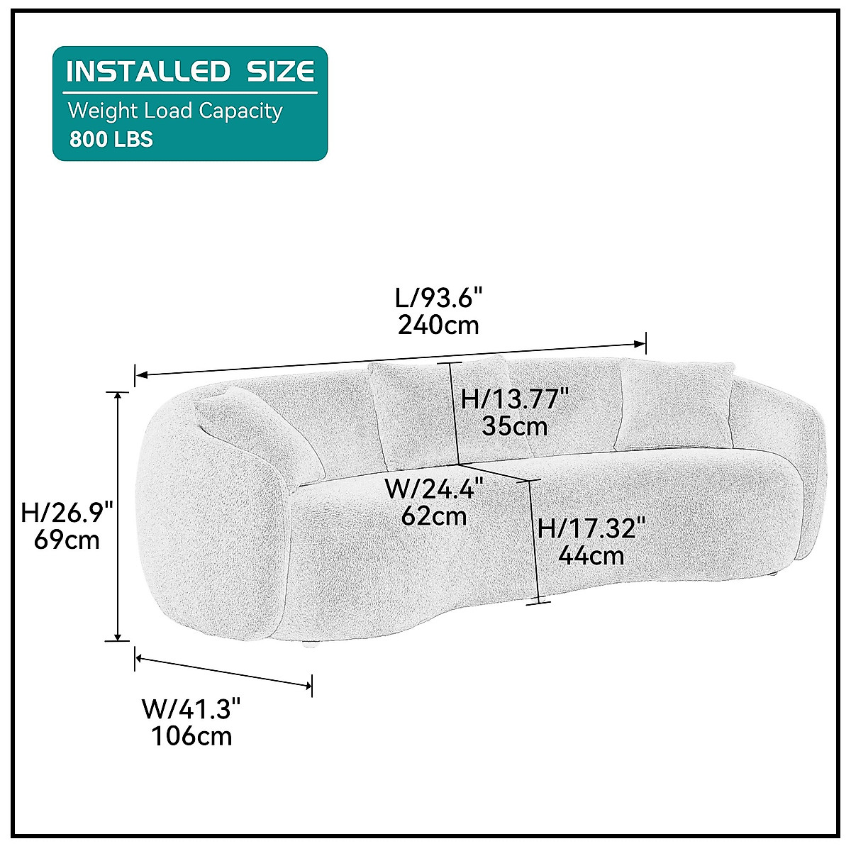 kevinplus 94'' Blue Cloud Curved Sofa Boucle Couch for Living Room, Modern Luxury Contemporary Upholstered Sectional Sofa Couch for Home Apartment Office Studio, 3 Pillows, Blue