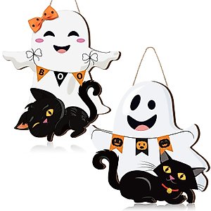 Leinuosen 2 Pcs Halloween Ghost Witch Door Sign Boo Decorations Happy Halloween Front Door Hanger Wreath Decor Black Cat Pumpkin Wooden Hanging Sign for Halloween Party Supplies(Ghost)