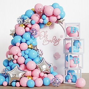 RUBFAC 150pcs Baby Boxes Blue and Pink Balloons Arch, Garland Gender Reveal Decorations Kit, 4pcs Baby Boxes with Letters for Baby Shower Birthday Boy or Girl Baby Party Supplies