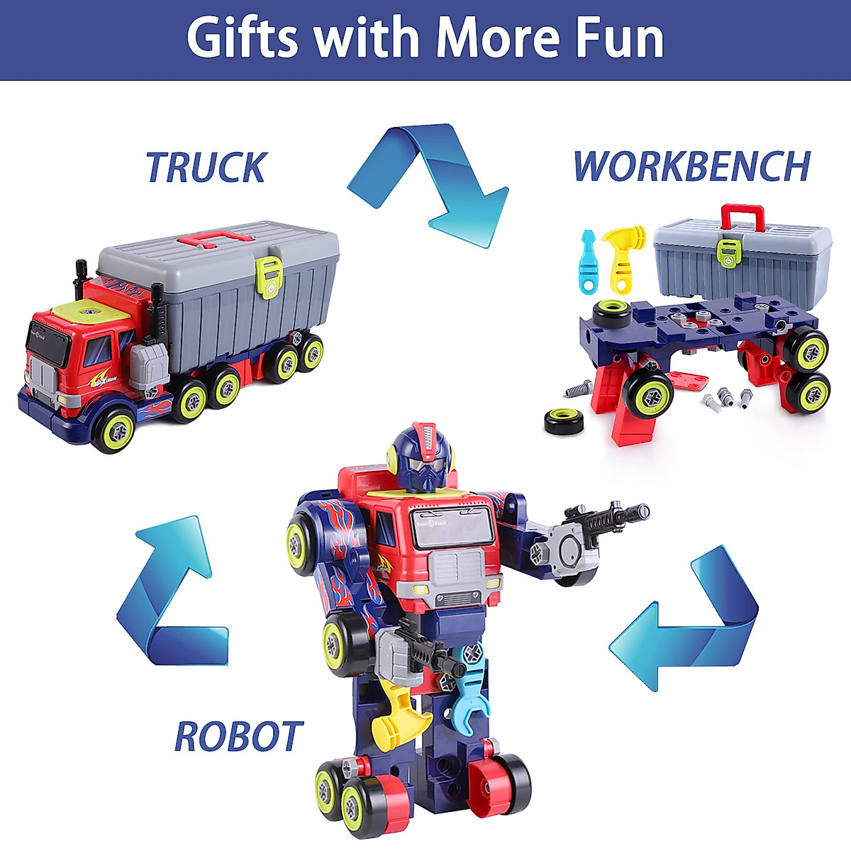 iPlay, iLearn 3 in 1 Large Transform Cool Toy Gift for 4 5 6 7 8 9 10 Year Old Boys Birthday, Kid Take Apart Robot, Big Truck Toys, Building Tool Bench, Preschool Child Development STEM Learning
