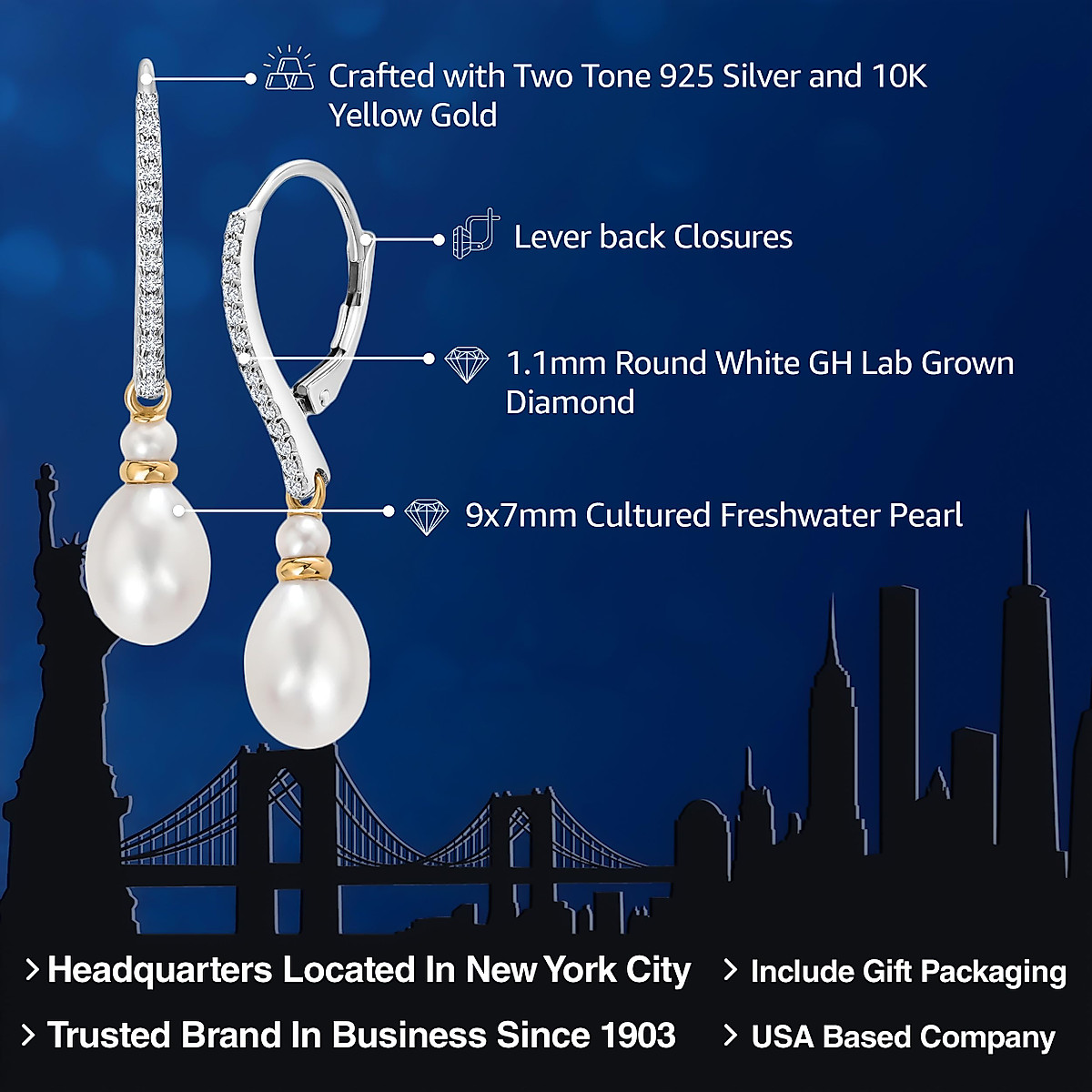 Gem Stone King 925 Sterling Silver and 10K Yellow Gold 9X7MM Cultured Freshwater Pearl and White Lab Grown Diamond Dangling Earrings with Leverback For Women
