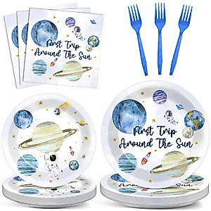 ZOIIWA 200 PCS First Trip Around the Sun Birthday Tableware Disposable 1st Space Party Supplies Outer Space Birthday Party Paper Plates Napkins Forks Baby Shower Party Decoration Serve 50 guest