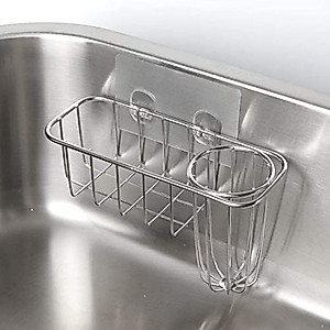 HULISEN Sponge Holder + Dish Brush Holder, 3-in-1 Kitchen Sink Caddy, 18/8 Stainless Steel Rust Proof Water Proof, Adhesive Installation No Drilling 【Not Including Sponge and Brush】