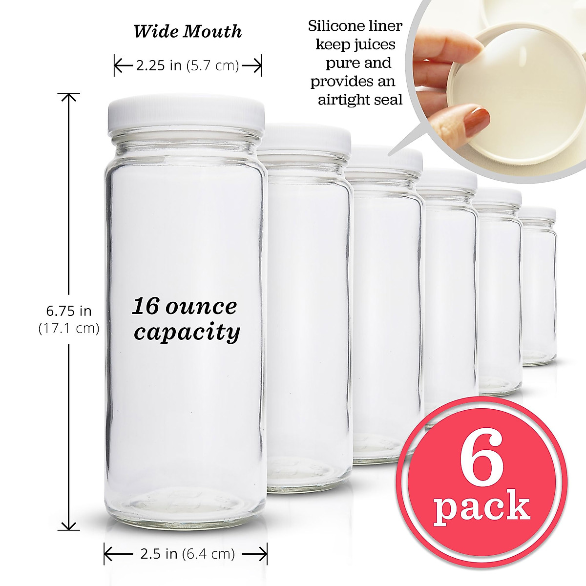All About Juicing Clear Glass Water Bottles Set - 6 Pack Wide Mouth with Lids for Juice, Smoothies, Beverage Storage - 16 oz, Durable, Reusable, Dishwasher Safe, Leak Proof (White Caps)