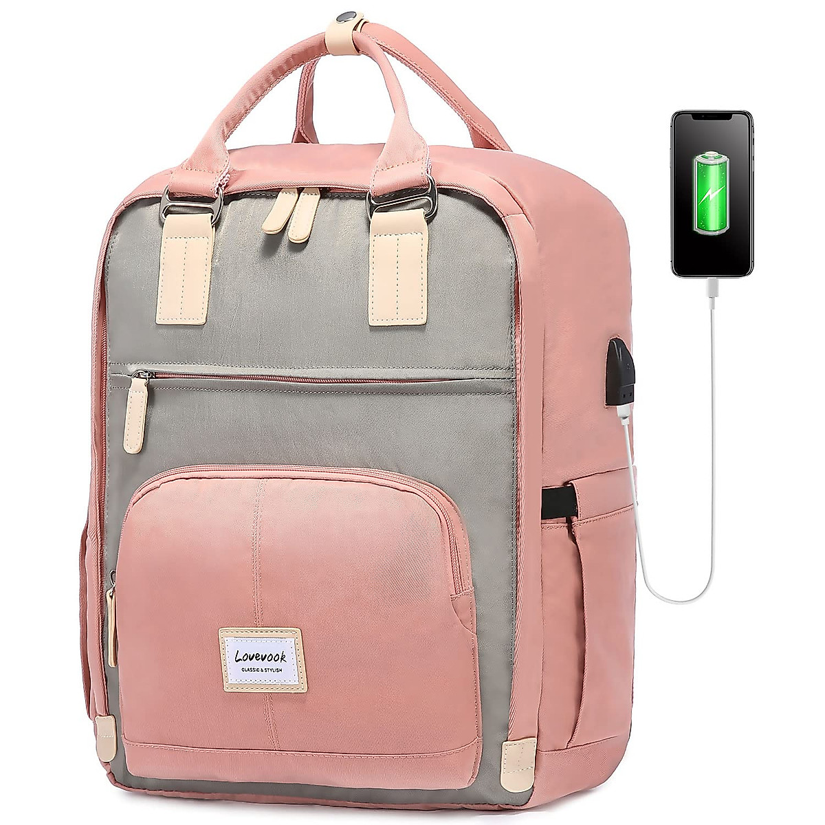 LOVEVOOK School Backpack for Women Cute College Backpack Waterproof Laptop Bookbag with USB Charging Port Vintage Bag 15.6 inch,Pink