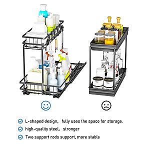 Under Sink Organizers and Storage, MEGAGURU 2-Tier L-Shape Heavy Duty Metal Pull Out Cabinet Organizer for Under Sink Organizer, Multi-Purpose for Under Kitchen Bathroom Sink Organizers and Storage