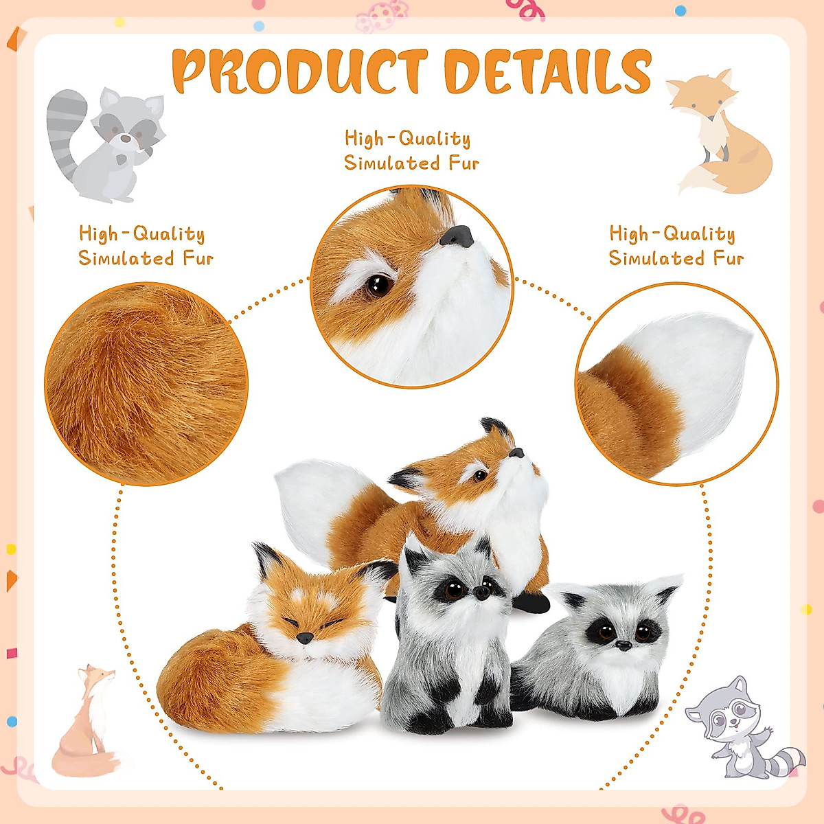 Deekin 4 Pcs Mini Simulation Fur Toy Christmas Animal Decoration Cute Furs Plush Raccoon Fox Squatting Sleeping Animals World with Static Action Figures for Home Office Desktop Decor