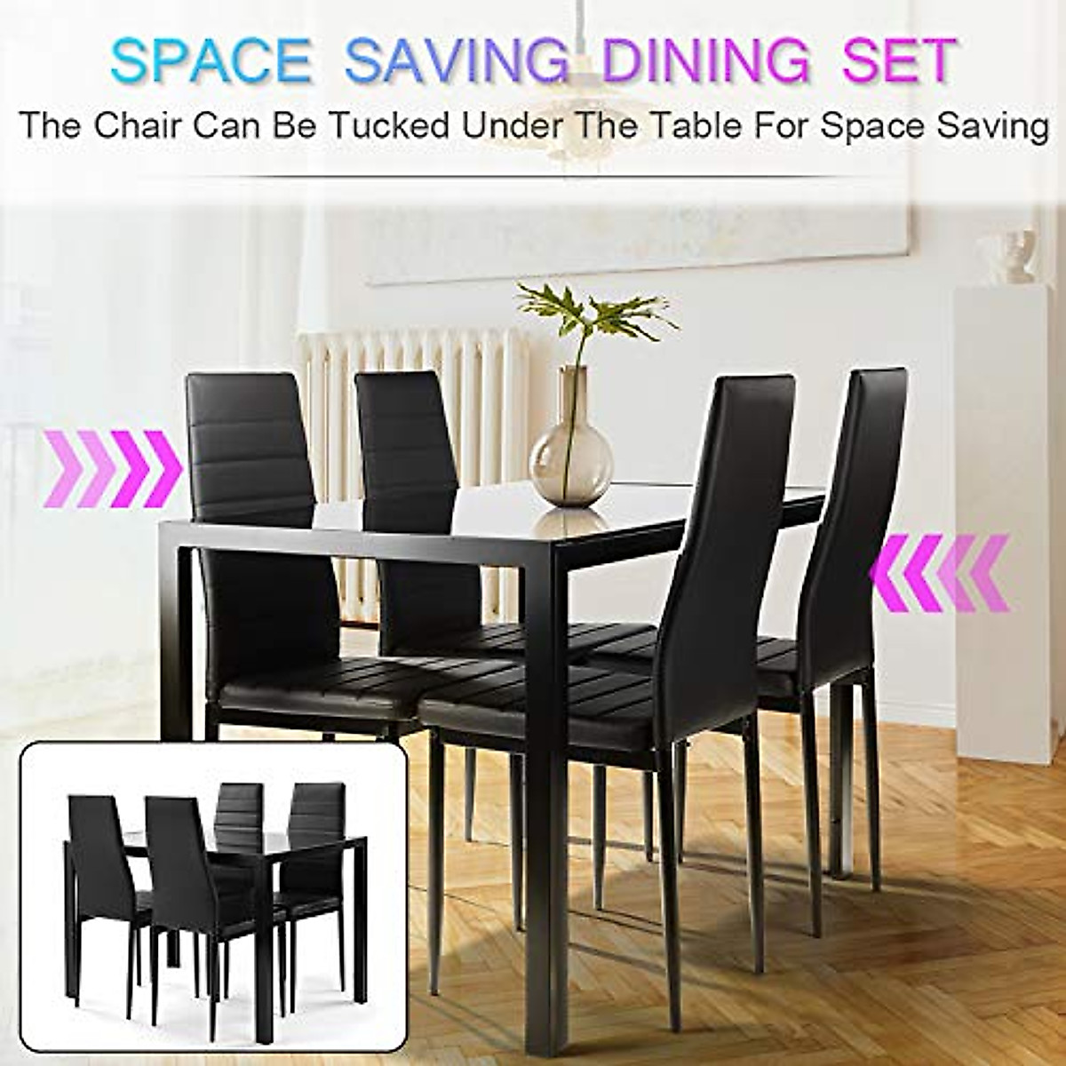 Binrrio 5 Piece Dining Table Set, Modern Furniture Rectangle Tempered Glass Top Table with 4 Piece High Backrest Faux Leather Chairs for Kitchen Dining Room Living Room, Black