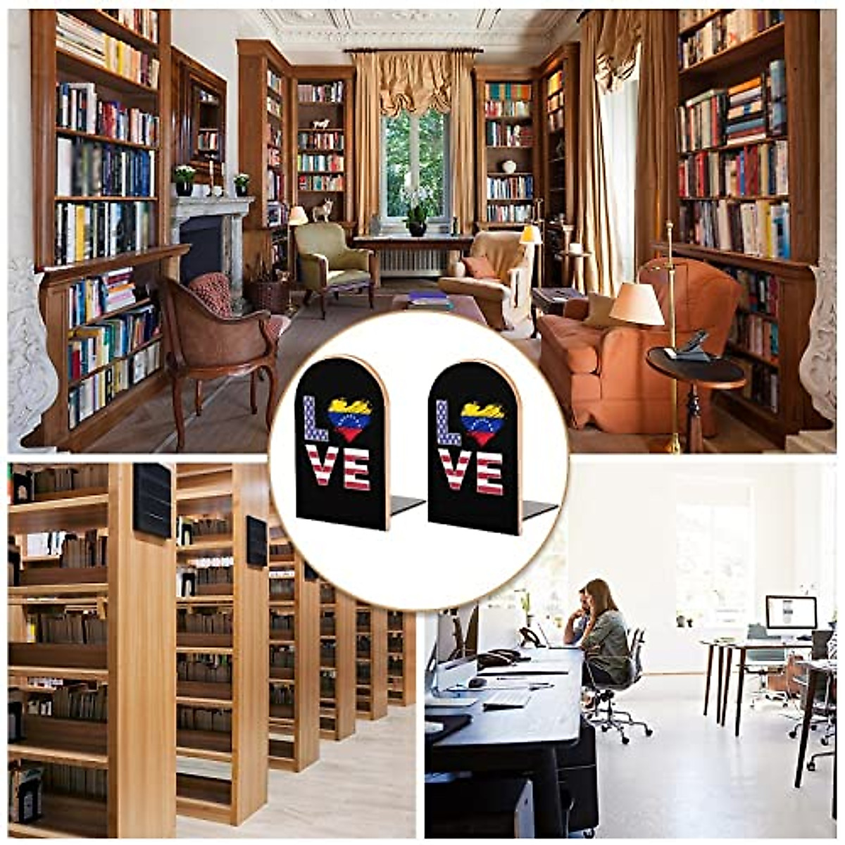 USA Venezuela Flag Heart Wood Book Ends for Shelves Non-Skid Bookend Book Stand Book Holder Stopper for Home Office School