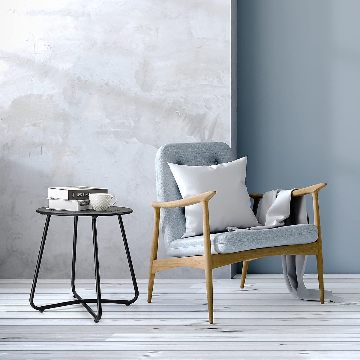 danpinera Outdoor Side Tables with Flower Cut Outs, Weather Resistant Steel Patio Side Table, Small Round Outdoor End Table Metal Side Table for Patio Yard Balcony Garden Black