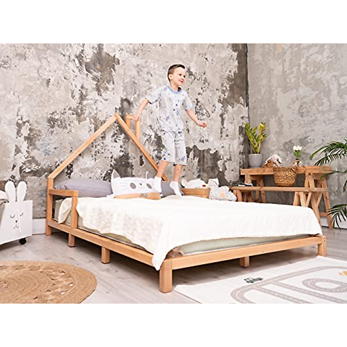 BUSYWOOD Toddler Bed - Alder Wood Bed for Kids - Montessori Twin Bed - Montessori Bed - House Bed Frame - Montessori Full Size Bed Frame (Model 3, Legs&Slats, Natural Wood)