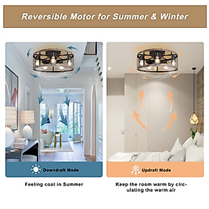 Ohniyou 20'' Flush Mount Caged Ceiling Fan with Lights Remote Control, Farmhouse Rustic Low Profile Small Vintage Enclosed Ceiling Fan Lighting Fixture Bedroom Dining Room