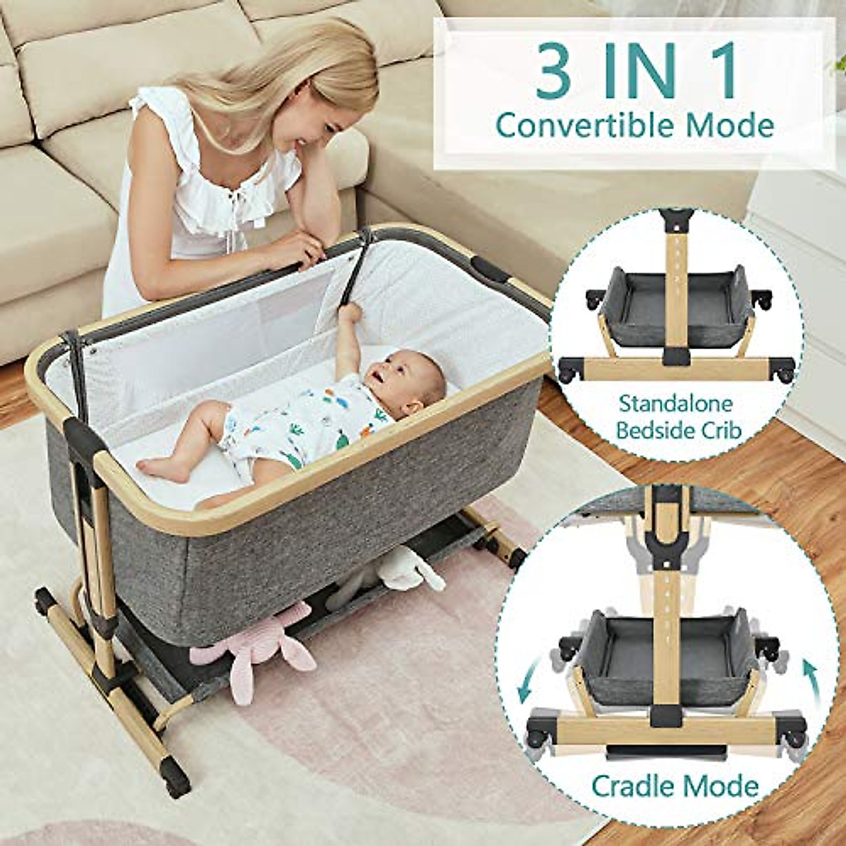 AMKE 3 in 1 Baby Bassinets, Bedside Sleeper for Baby, Baby Crib with Storage Basket for Newborn, Easy Folding Bassinet for Baby and Safe Co-Sleeping,Adjustable Portable Baby Bed,Travel Bag Included