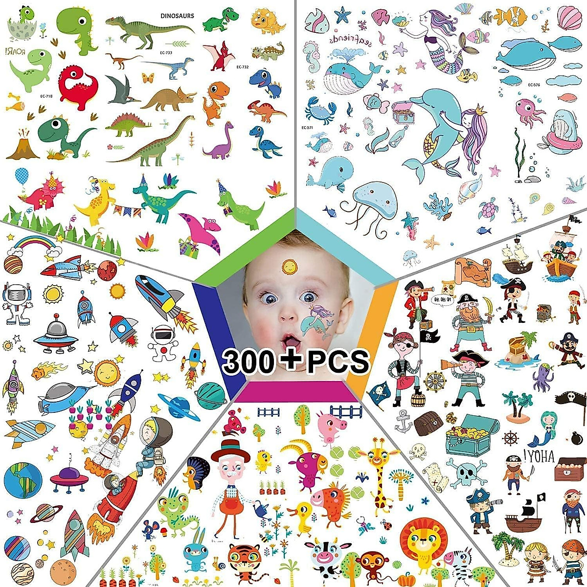 Leesgel 300pcs Temporary Tattoos for Kids, Featured 5 Series of Fake Waterproof Tattoos for Boys Girls- Spaceships, Dinosaurs, Animal Zoos, Mermaids, Pirates. (20 Sheets)