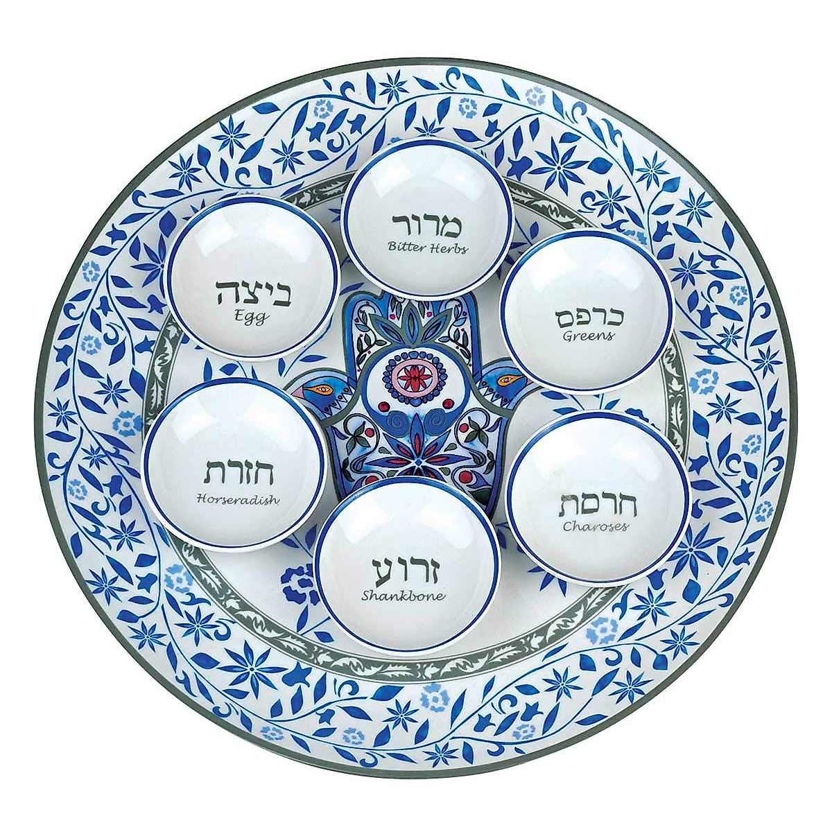 Artistic Passover Seder Dinnerware Set Floral Hamsa Design by Jessica Sporn - Quality Porcelain Round Seder Plate Square Matzah Tray Silk Matzo Cover, Afikoman bag - Pesach Decoration by Aviv Judaica