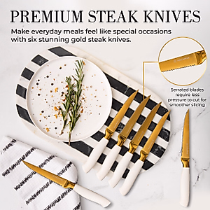 Gold Knife Set with Block Self Sharpening - 14 PC Luxurious Titanium Coated Gold and Off-White Kitchen Knife Set and White Knife Block with Sharpener, White and Gold Kitchen Accessories and Decor