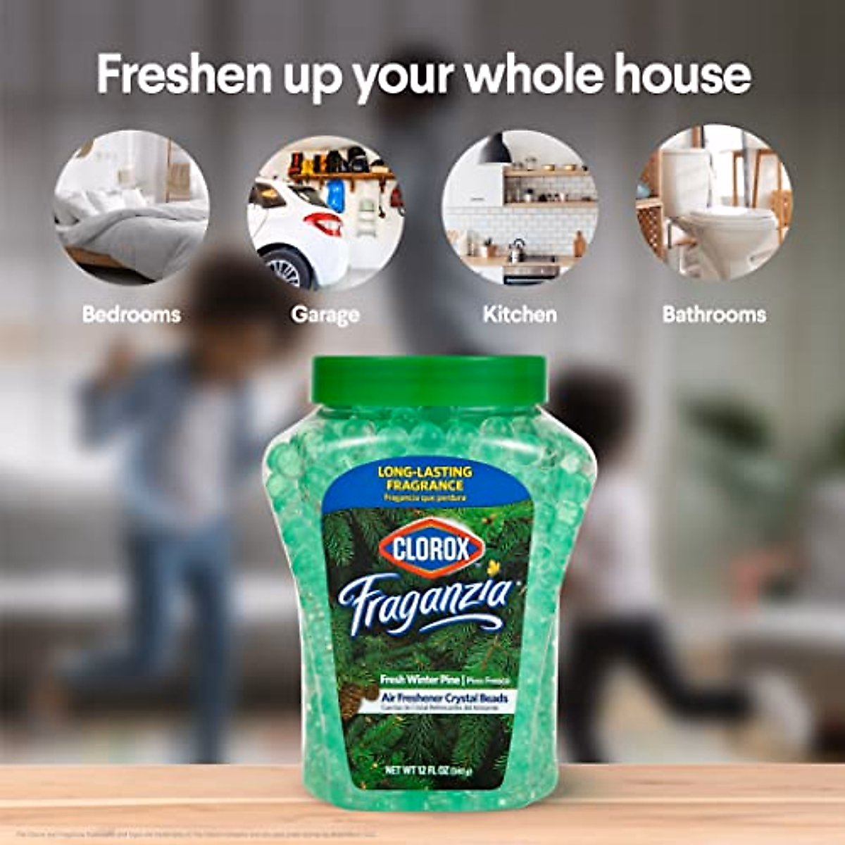 Clorox Fraganzia Air Freshener Beads in Fresh Winter Pine Scent, 12 oz Jar | Gel Beads Air Freshening Scent Beads | Car Air Freshener for Car, Home, or Car