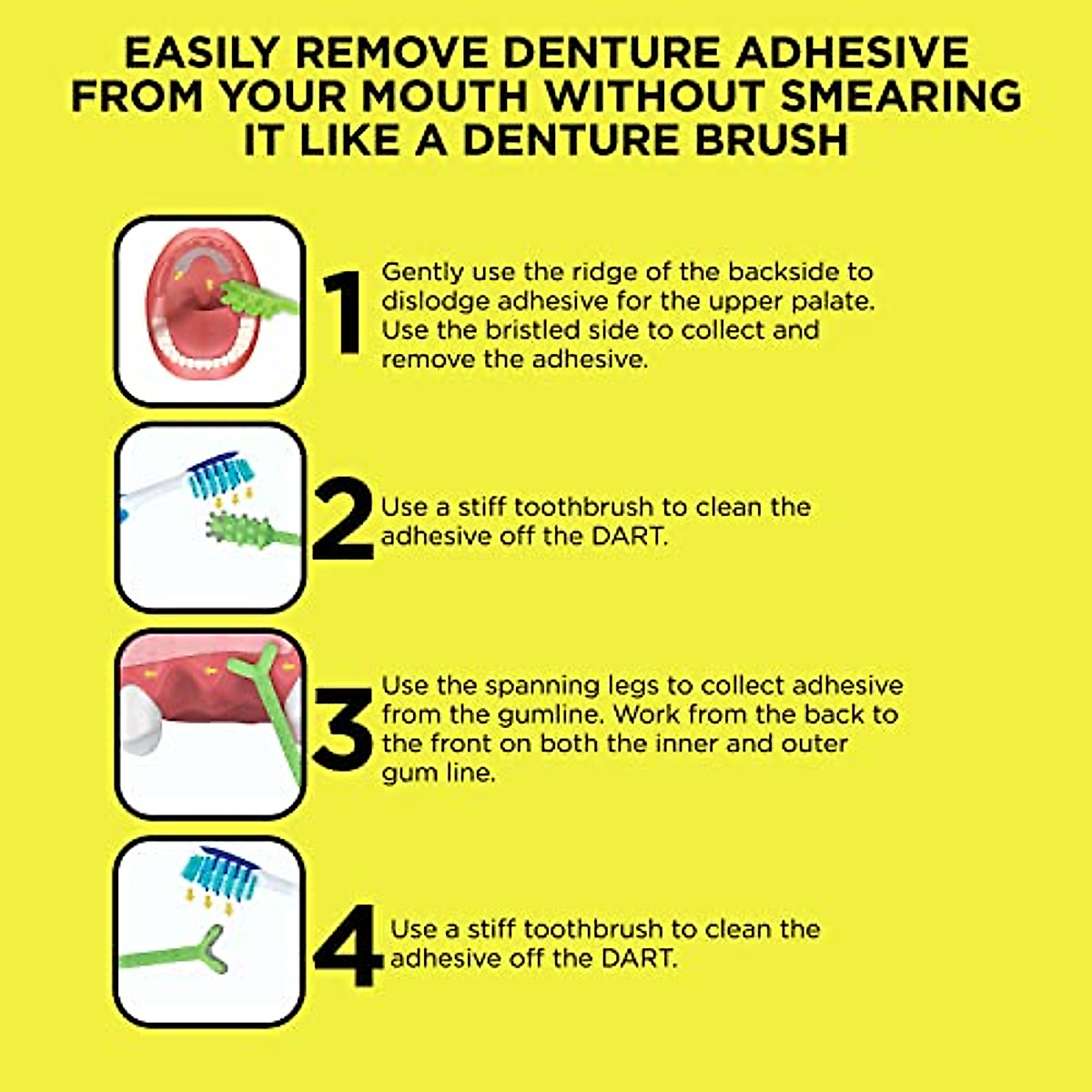 Denture Dart V2 Hard Plastic Denture Gel Adhesive Remover - Remove Denture Gel Adhesive from Mouth & Gums, Denture Glue Removal Tool, Oral Hygiene, Scraper w/Textured Grip and Rigid Bristles