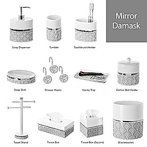 Creative Scents White And Gray Bathroom Accessories Set - Decorative 6-piece Bathroom Set Includes: Trash Can, Tissue Cover, Soap Dispenser, Soap Dish, Toothbrush Holder & Tumbler, Mirror Damask Style
