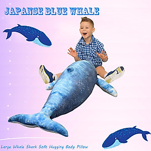 ELAINREN 110cm Japanse Blue Whale Plush Large Whale Shark Soft Hugging Body Pillow, Lifelike Humpback Whale Stuffed Ocean Animals Plushie Gifts