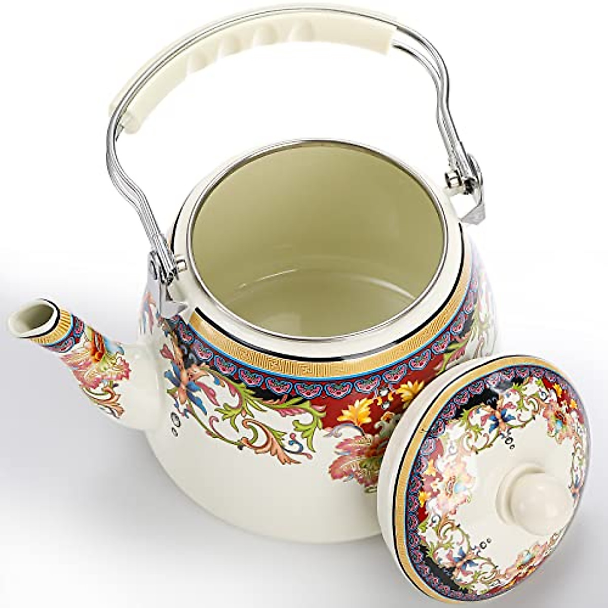 Yarlung 3.3L Enamel Tea Kettle with Tea Infuser, Vintage Floral Teakettle for Stovetop, Colorful Enamel on Steel Teapot with Handle for Hot Water, No Whistling