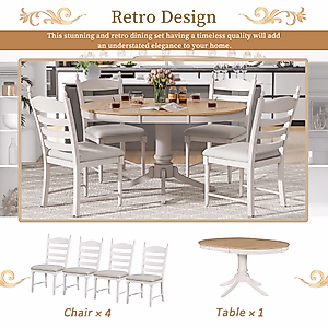 Bellemave Round Dining Room Table Set Extendable Dining Table Set for 4-6 Farmhouse Circle 5 Piece Kitchen Table and Chairs Wood Dinner Table Set for 4, Off White