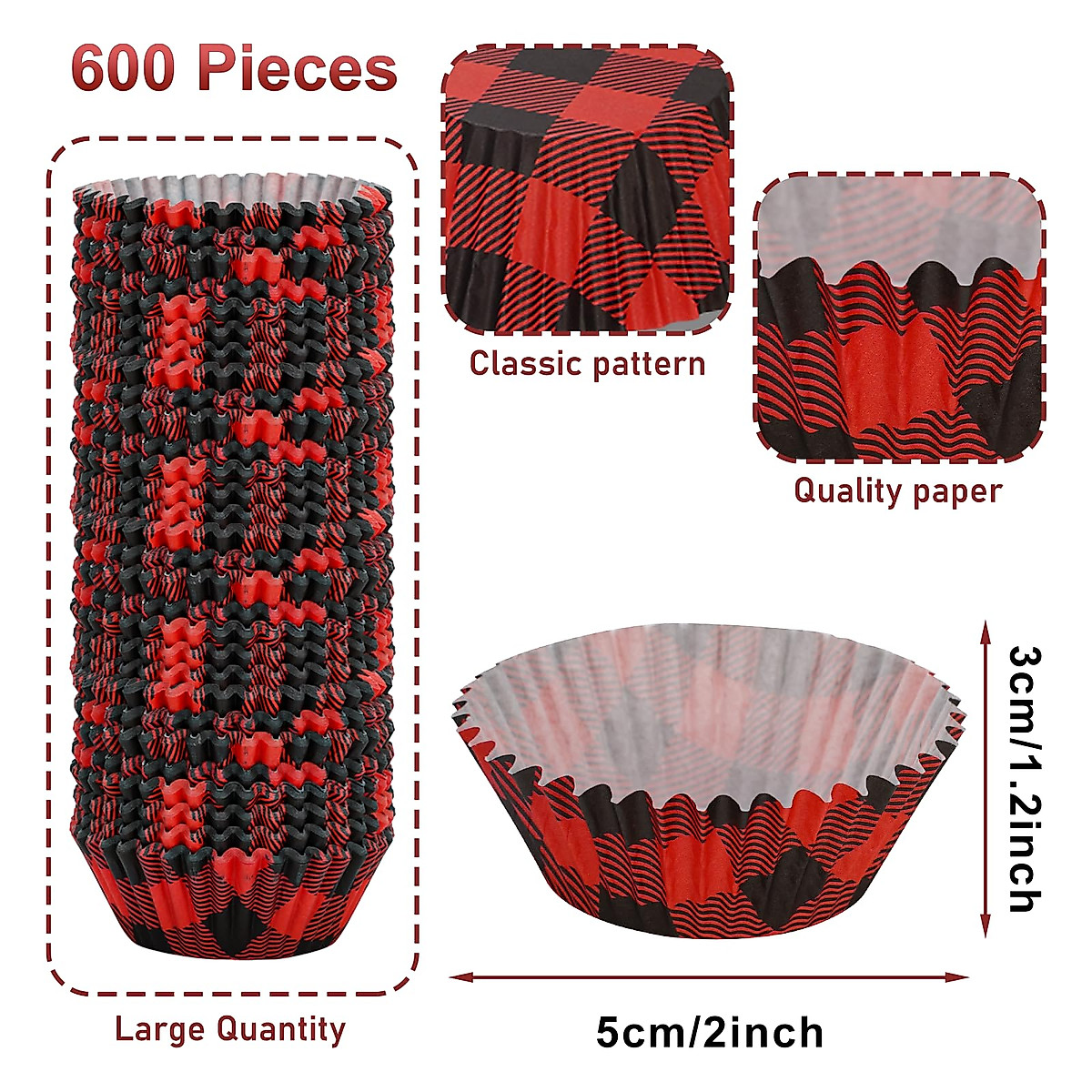 Whaline 600Pcs Christmas Cupcake Wrappers 3 Colors Buffalo Plaid Cupcake Liners Disposable Cupcake Liners Holders Paper Muffin Cups for Baking Home Kitchen Christmas Party Supplies