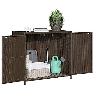 loibinfen Wicker Outdoor Storage Cabinet with Two Doors, Freestanding Outdoor Patio Storage Unit, Rattan Deck Box, Brown 32.7"x17.7"x29.9" Poly Rattan, -83