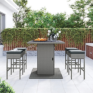 Lepfun Patio Bar Counter Height Bistro, Outdoor 5-Piece PE Rattan Dining Set, All-Weather Wicker Square Kitchen Table with Storage Shelf and 4 Padded Stools, Grey