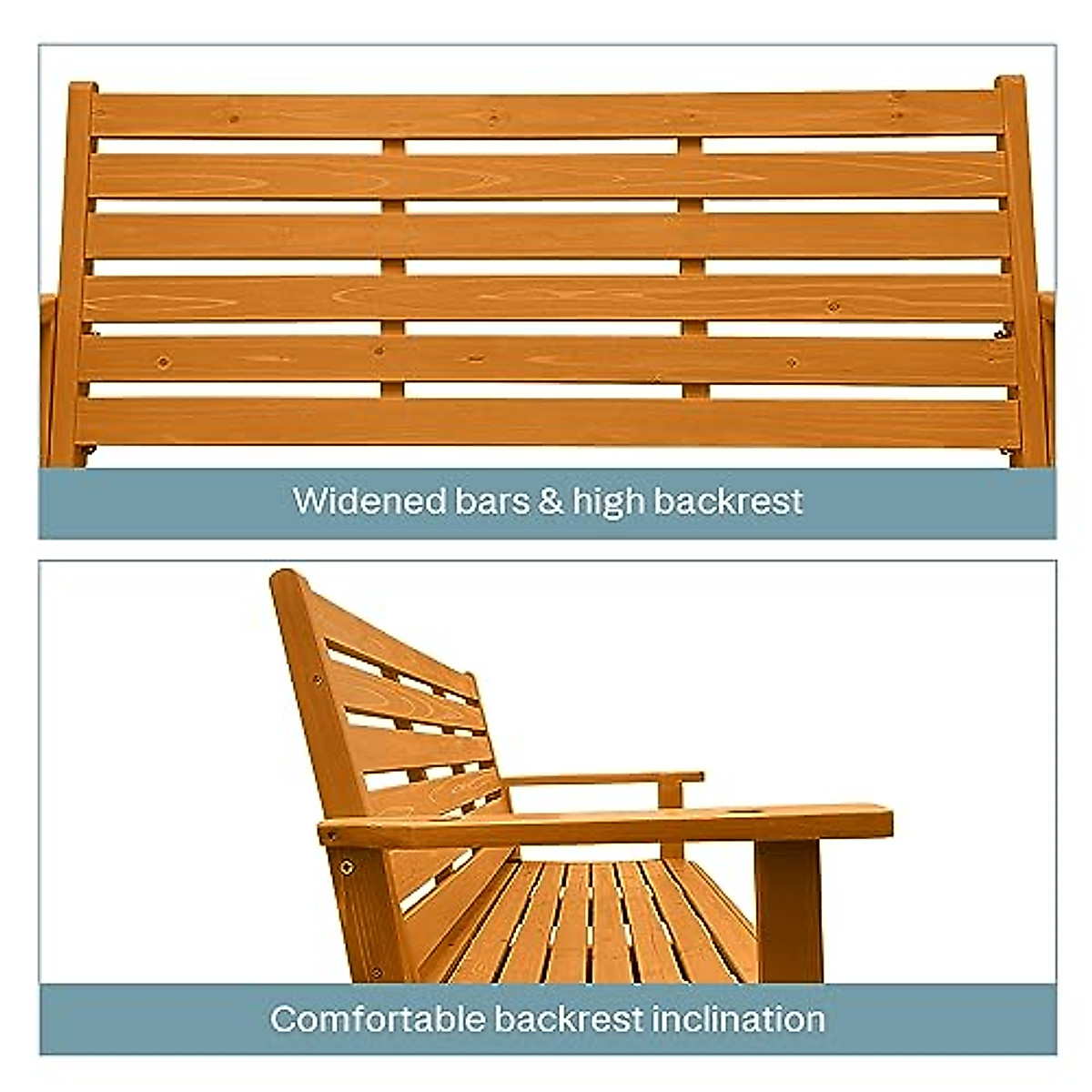 Wooden Porch Swing 2-Seater, Ergonomic Seat, Bench Swing with Hanging Chains and 7mm Springs, Heavy Duty 800 LBS, for Outdoor Patio Garden Yard, Golden Honey