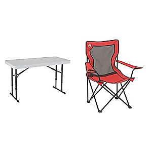 LIFETIME 80160 Commercial Height Adjustable Folding Utility Table, 4 Feet, White Granite & Coleman Broadband Mesh Quad Camping Chair