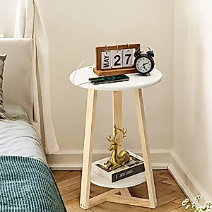 TINSAWOOD Side Table with Charging Station, Small Boho Round End Table with Two-Tier Storage for Living Room, Bedroom & Small Spaces, Easy Assembly